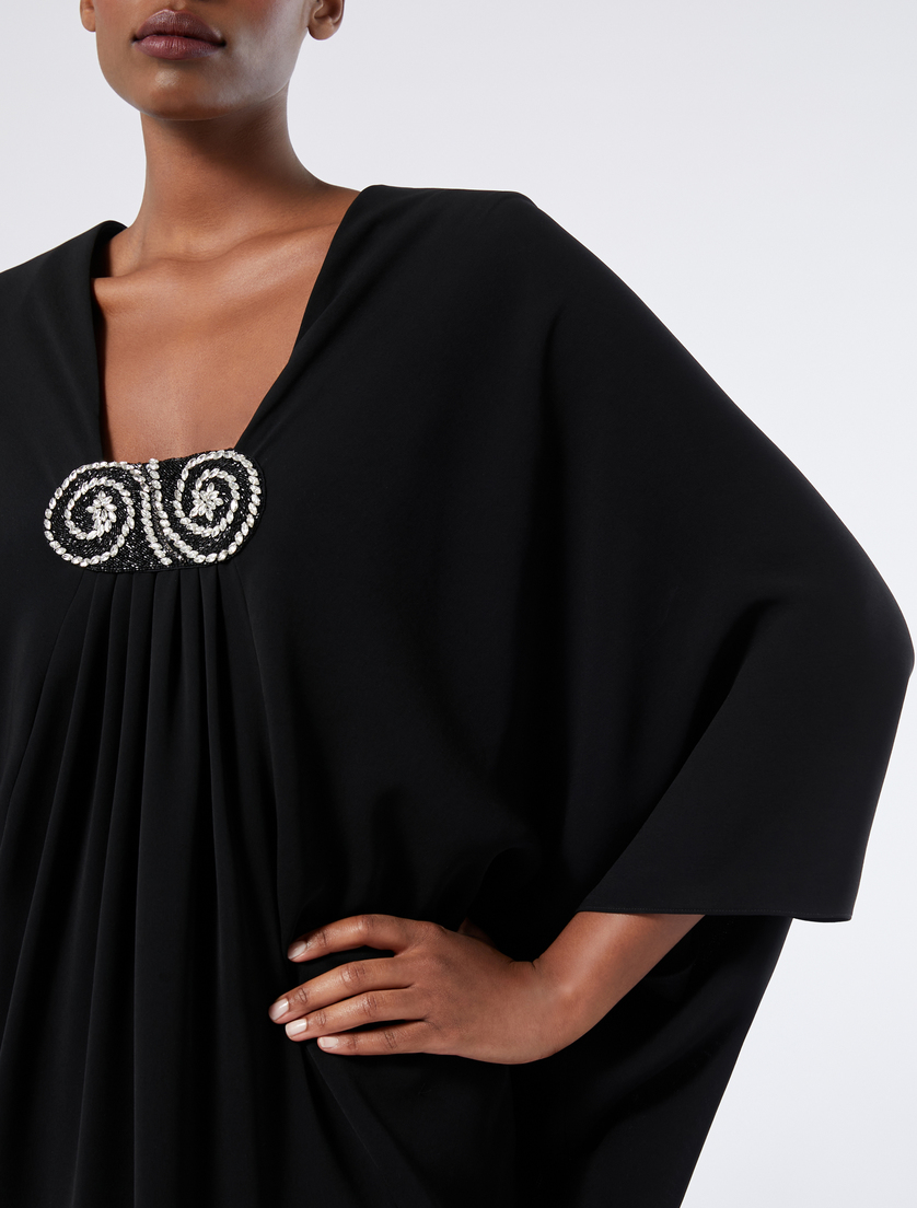 Crêpe cady dress with embroidery, black | Marina Rinaldi